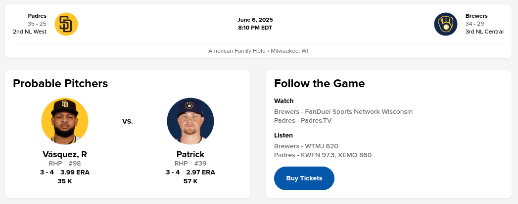 Padres at Brewers; Friday, June 6 @ 7:10 p.m.: Chad Patrick (2.97 ERA ...